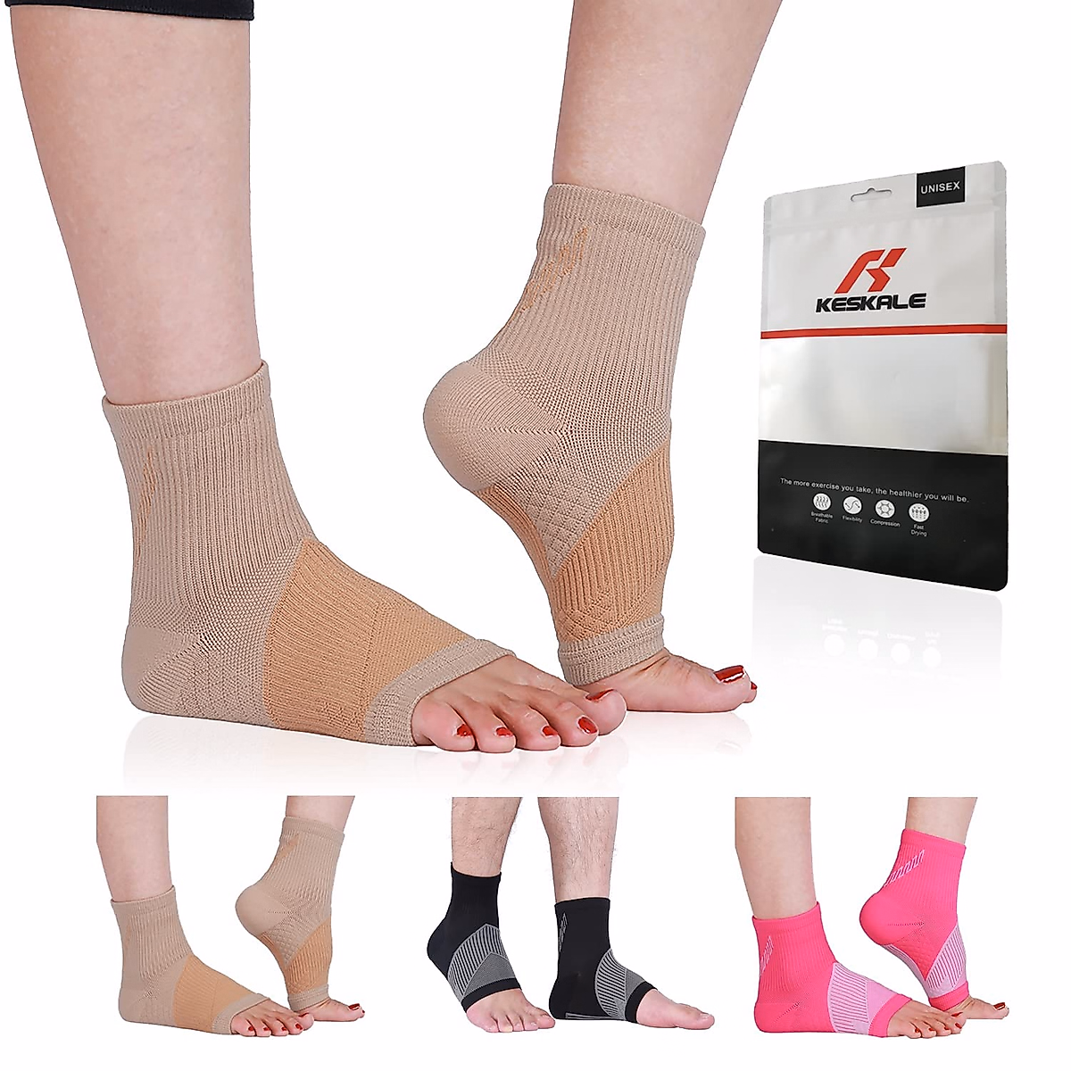 Keskale 3 Pairs Ankle Compression Sleeves for Women & Men - Ankle Foot Brace for Injury Recovery, Open toe Neuropathy Socks, Toeless Ankle Compression Socks for Plantar Fasciitis (Beige, M)