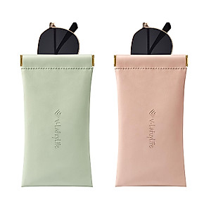 V-LAFUYLIFE Glasses Case Soft 2 Pack - Portable Leather Squeeze Top Eyeglass Case Anti-Scratch Soft Sunglasses Case for Women.(Pink/Green)