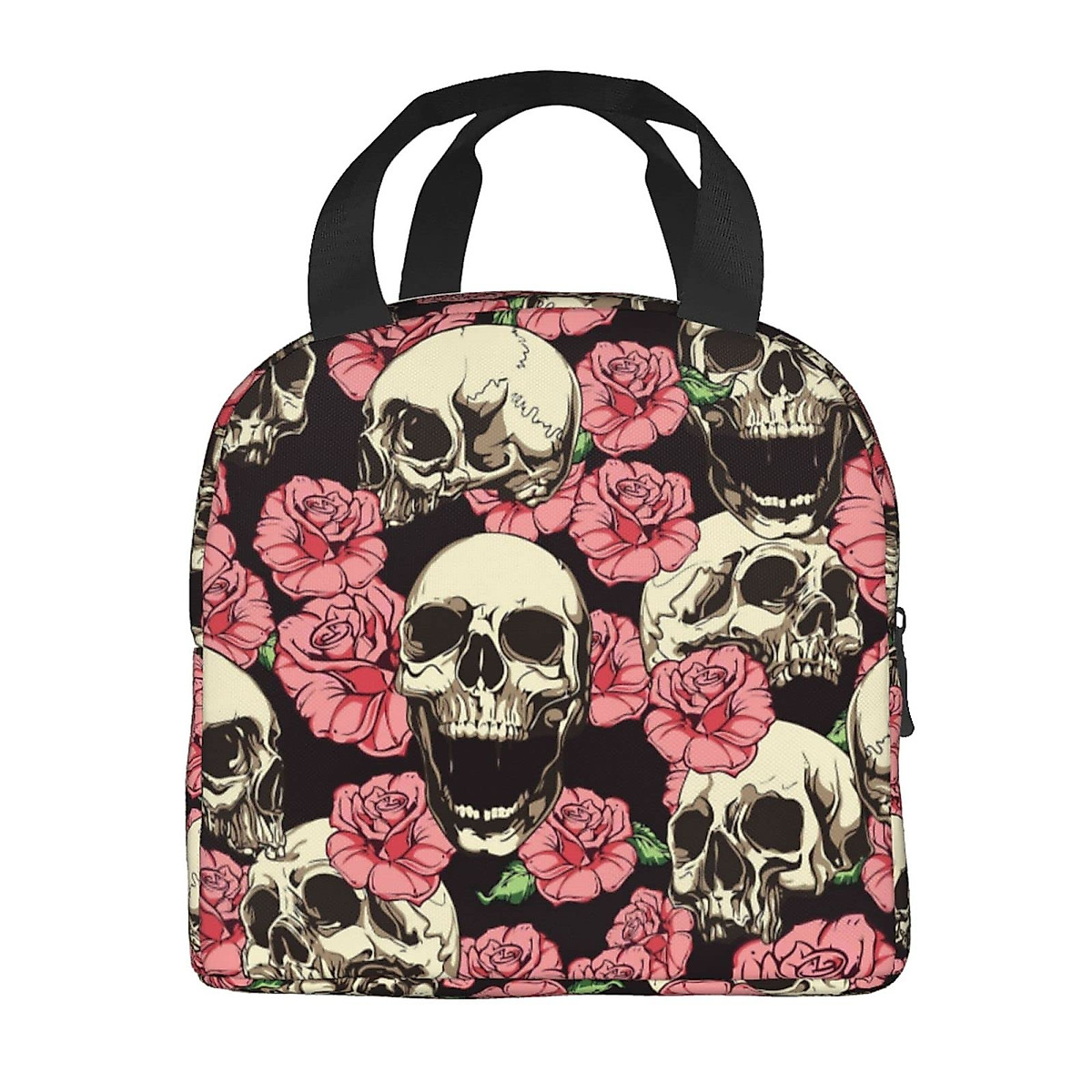 Skull Lunch Bag Box Tote Pink Rose Flowers Organizer Lunch Container Black Insulated Zipper Meal Prep Cooler Handbag For Women Men Home School Office Outdoor Gift