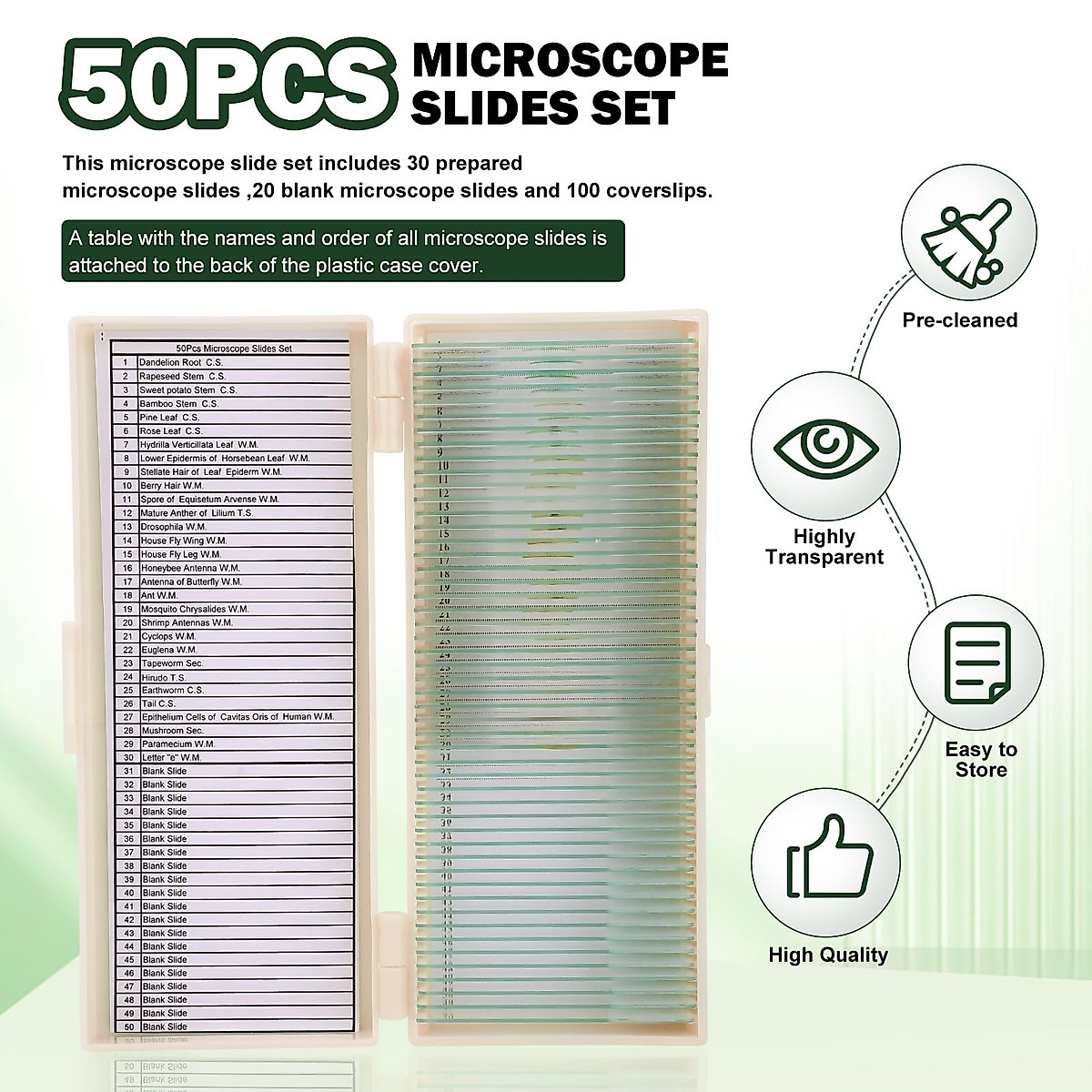 50 Microscope Slides and 100 Covers Set - 30 Prepared Microscope Slides with Specimens, 20 Blank Microscope Slides and 100 Microscope Coverslips - Microscope Slides for Kids Students Homeschool Use