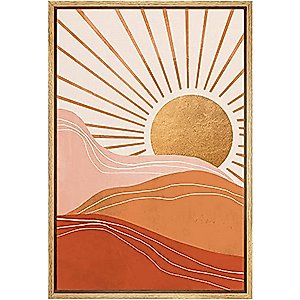 SIGNFORD Framed Canvas Print Wall Art Shining Sun Over The Orange & Red Hills Abstract Wilderness Digital Art Modern Art Rustic Scenic Multicolor for Living Room, Bedroom, Office - 24"x36" Natural