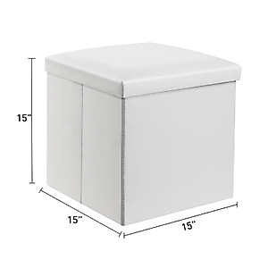 DEARYOU White Storage Ottoman Cube, Folding Storage Ottoman Square, Small Foot Rest Ottoman with Foam Padded Seat, 15 Inches Faux Leather (White,2pcs)