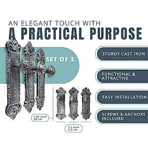 Shabby Chic Cast Iron Decorative Wall Mounted Hooks – Silver w/Black - Door Knob Coat Hooks for Wall - Set of 3 - Screws and Anchors Included - Antique Wall Hooks for Hanging Clothes