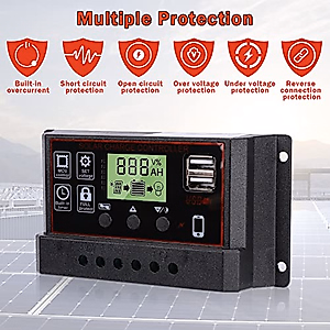 Lybile Solar Charge Controller, Black Charge Controllers for Solar Panels with Dual USB Port 12V/24V PWM Auto Paremeter Multi-Function Adjustable LCD Display Energy Controller (30A)