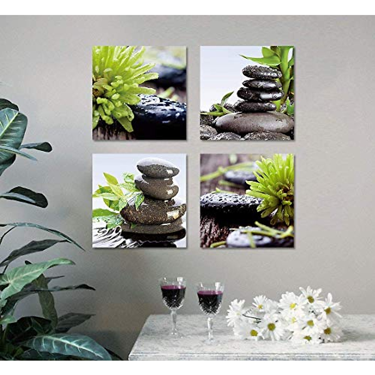 Zen Bathroom Decor Meditation Canvas Wall Art, Water Stone and Green Plants Pictures for Yoga Spa and Office Calming, Relaxing Wall Art for Office Bedroom Living Room (12x12in, 4 Panels)