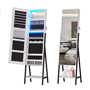 jajov 47.2" LED Jewelry Cabinet Armoire, Standing Mirror with Jewelry Storage, Jewelry Organizer Armoire with Full Length Mirror, Lockable Jewelry Mirror Cabinet (White)