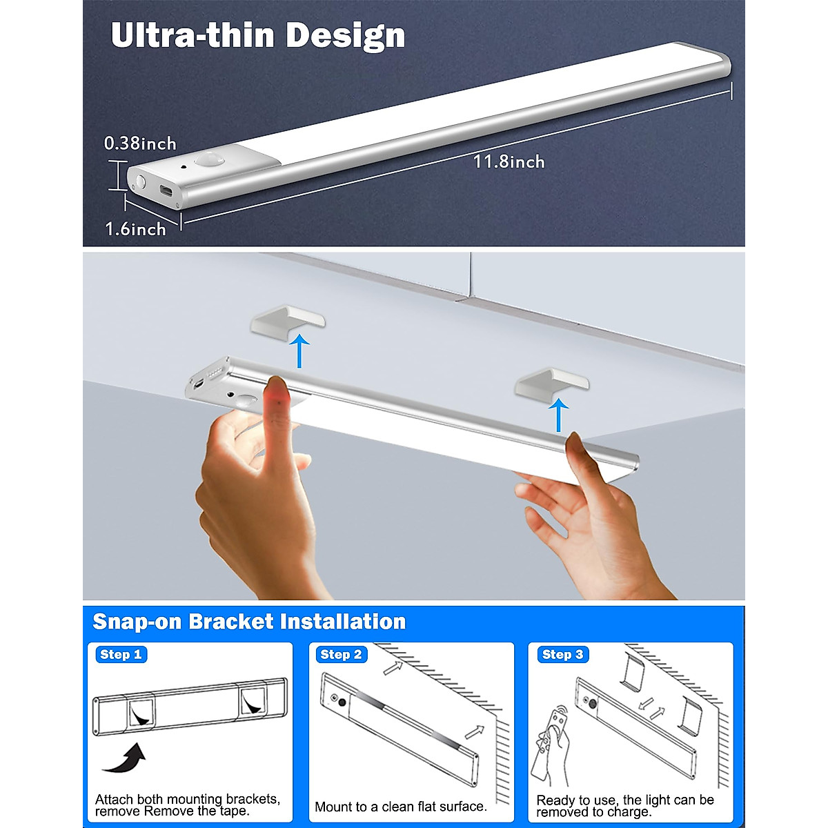 LAJOSO 64 LED Under Cabinet Lights Motion Sensor, 3 Color Kitchen Counter Lighting Wireless, Rechargeable Closet Lights Remote, Dimmable Night Light for Shelf Pantry Stair Hallway 3Pack