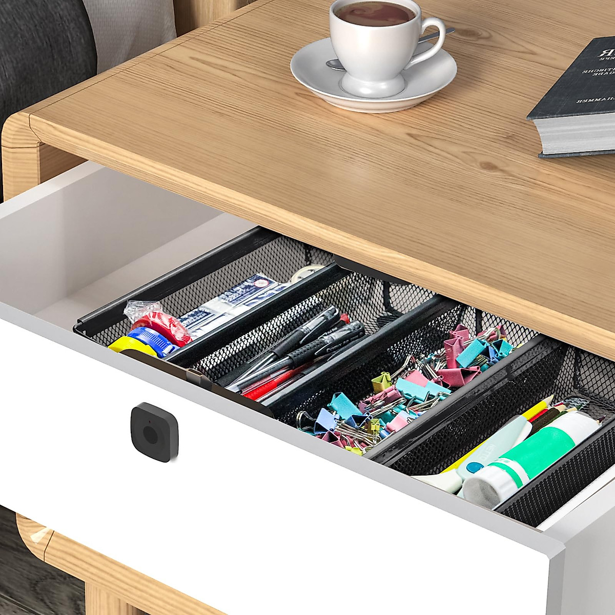 Fodofodo 2PCS Drawer Organizer,Drawer Organizer for Kitchen,Utensil Mesh Drawer Organizer with Interlocking Arm for Cosmetic,Flatware,Pen (9 * 3 * 2 Inches,Black)