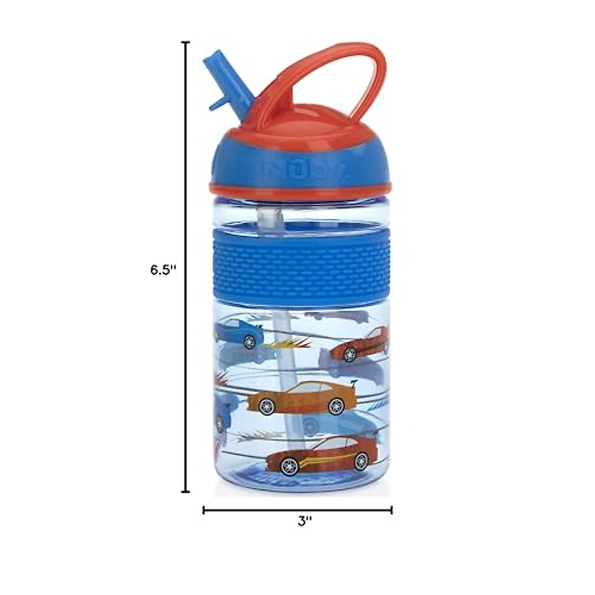 Nuby Thirsty Kids Flip-it Freestyle 12 oz Water Bottle with Bite Resistant Hard Straw, Blue Cars