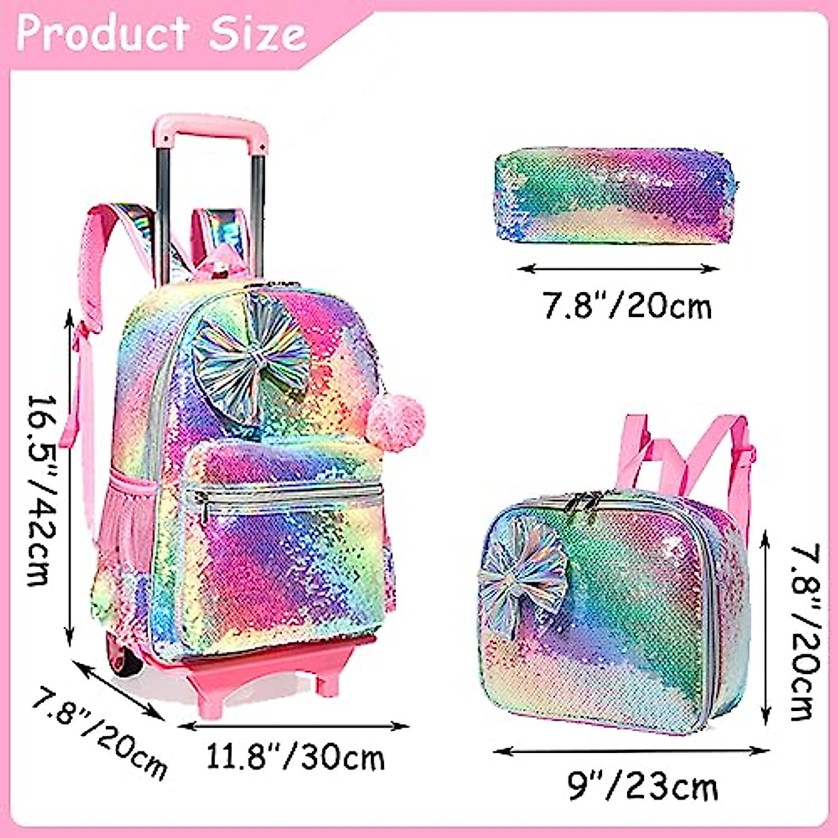 Oruiji Sequin Rolling Backpack for Girls Backpack with Wheels Bowknot Backpack and Lunch Bag Set for Girls Trolley Wheeled Luggage for Elementary Students