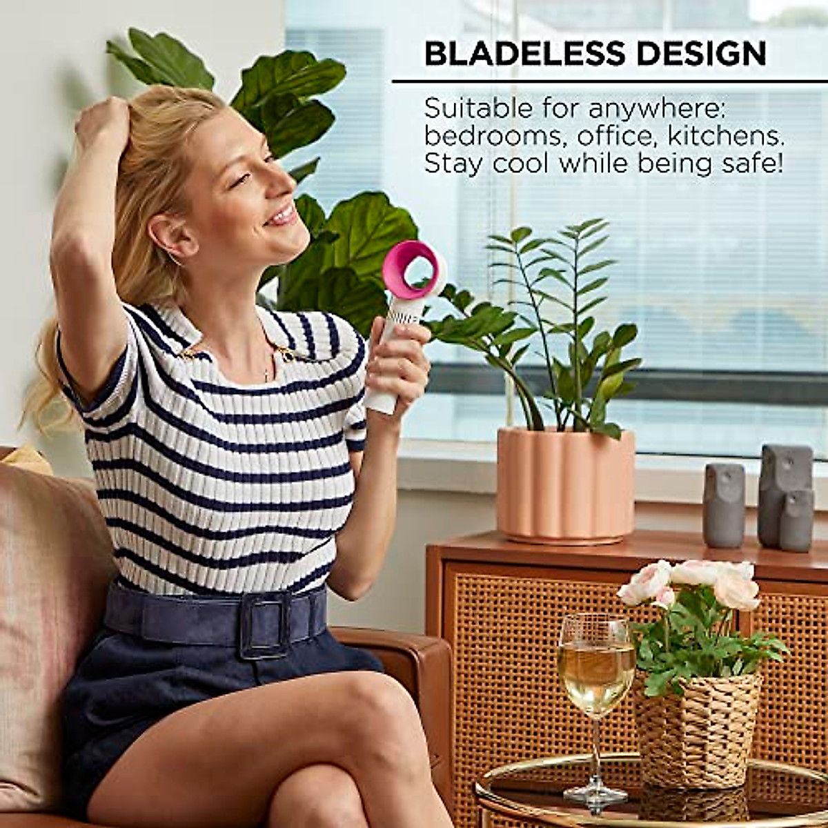 Merkury Innovations Whirlwind Personal Cooling Fan, No Blades, Rechargeable with USB Cable, Mini Bladeless Fan for Travel, Handheld or Hands-free, Pink