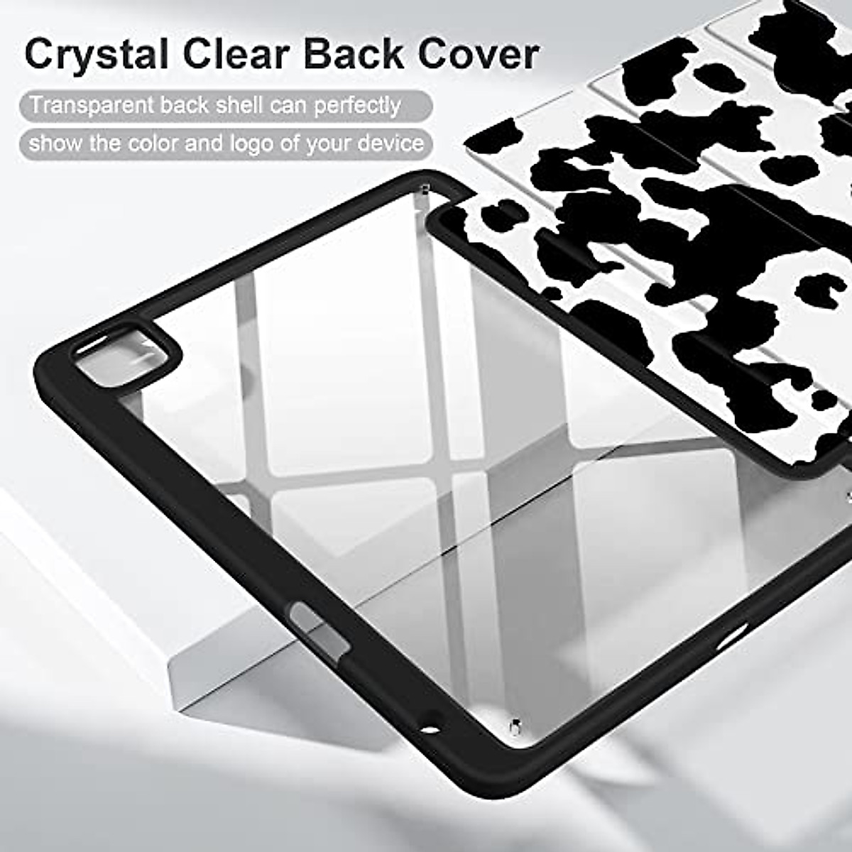 MEEgoodo Case for iPad Pro 12.9 Case M2 6th/5th/4th/3rd Generation 2022 2021 2020 2018, Tablet Cases with Clear Transparent Acrylic Back Shell, Black & White Piebald