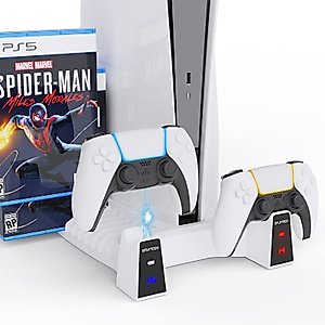 PS5 Vertical Stand Cooling Fan for PS5 Console and Playstation 5 Digital Edition, PS5 Accessories Stand with Dual Controller Charging Station, 2-in-1 Cable and 15 Game Storager