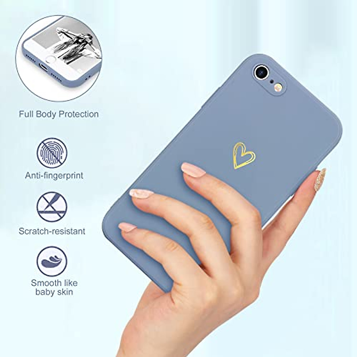 Wirvyuer for iPhone SE Case 2022/2020,iPhone 8 iPhone 7 Case for Girls Women Silky Soft Protective Shockproof Silicone Phone Case with Cute Gold Heart Pattern Design Blue Cover