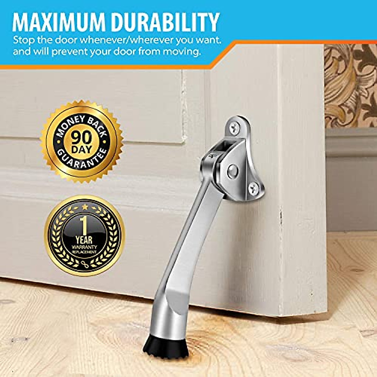 Door Stopper - 2 Pack 4 Inch Door Stop, Door Stops Kickstand, Door Stopper Hinge, Non-Slip Rubber, Metal Door Stopper, Door Holder, Door Stoppers
