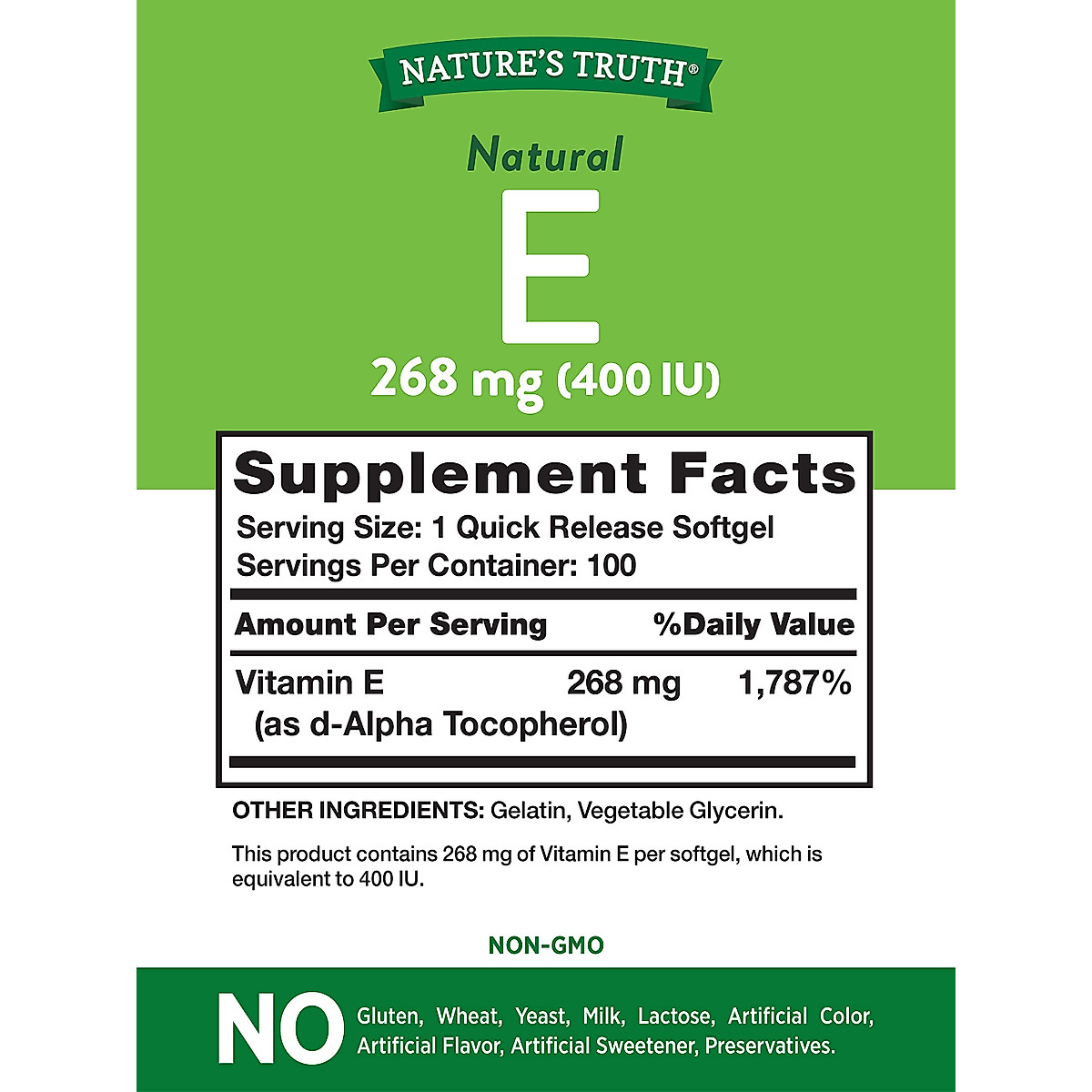 Nature's Truth Vitamin E Softgels | 268mg | 100 Count | Non-GMO & Gluten Free Supplement