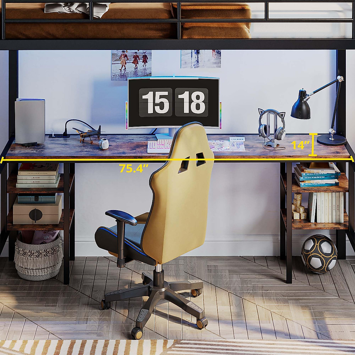 ANCTOR Loft Bed Twin Size with Desk and 4 Storage Shelves, Metal Loft Bed Frame with Power Outlet and LED Lighted, Safety Guard & Ladder, Space-Saving, Noise Free, Black