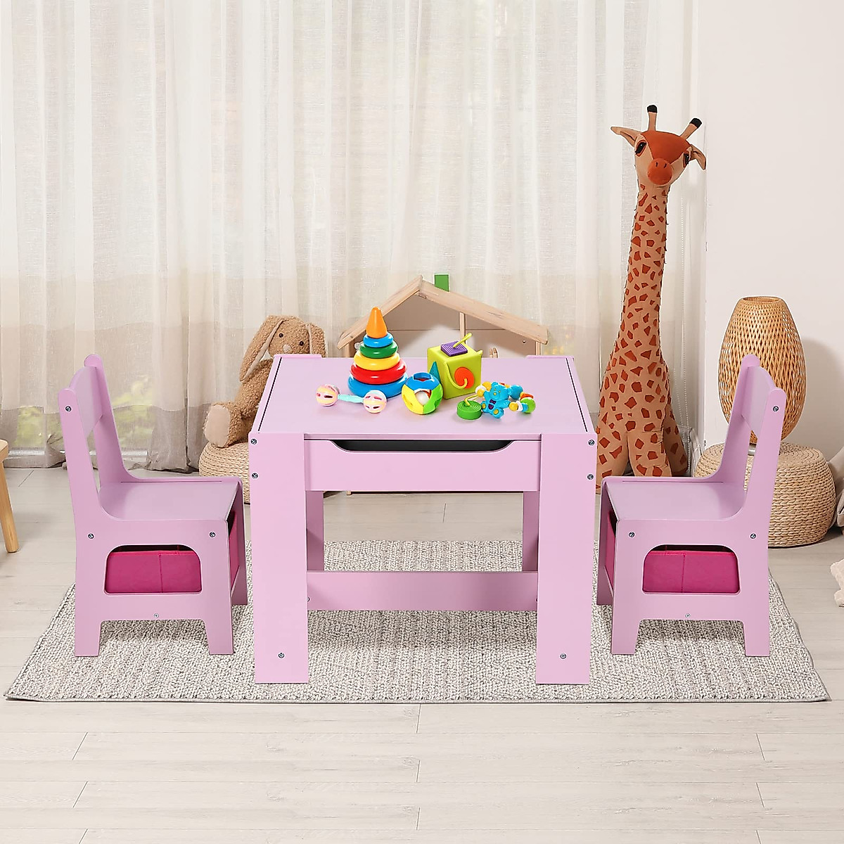 Arlopu Kids Table and 2 Chairs Set, 3-in-1 Wooden Activity Table, w/Detachable Storage Drawer, Drawing Reading Black Board Desk, Art Craft, Playroom, Nursery (Natural)