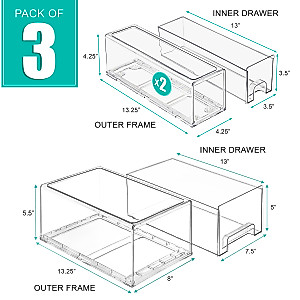 Sorbus Fridge Drawers - Clear Stackable Pull Out Refrigerator Organizer Bins - Food Storage Containers for Kitchen, Freezer, Vanity & Fridge (3 Pack | 1 Large, 2 Small Stackable Drawer Bins)