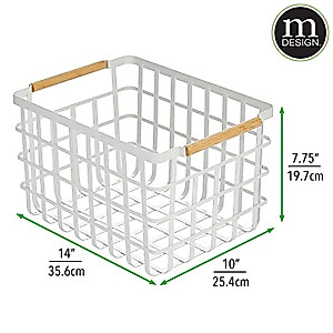 mDesign Metal Wire Closet Storage Basket Bin Organizer with Wood Handles for Bedroom, Bathroom, Mudroom, Entryway, Hallway, or Linen Closet Organization - Yami Collection - 4 Pack, Matte White/Natural