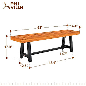 PHI VILLA Outdoor Acacia Wood Bench, 2 Pieces 63" Patio Picnic Bench Farmhouse Dining Bench for 6 People Backless Oil Finished Teak Bench Supports 550lbs, Classic Brown and Black