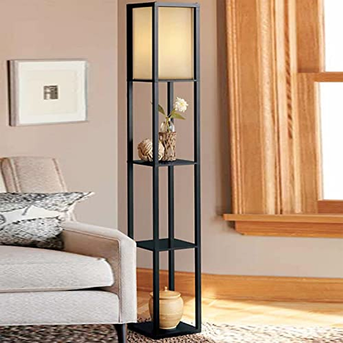 Battery Operated Floor Light with Remote Control,Wood Black Tall lamp with Shelves,Standing Light with Energy-Saving Light Bulb,Floor Light with Fabric lampshade,with Bulb+Remote+Charging Cable