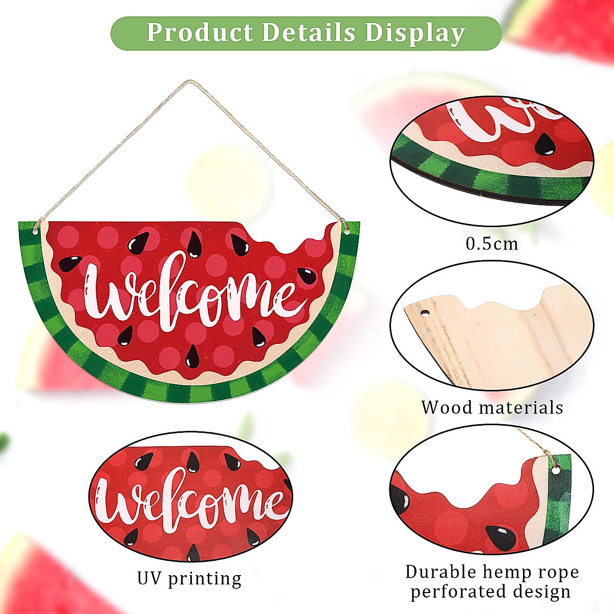 Jetec 2 Pieces Summer Watermelon Hanging Sign Shape Welcome Wooden Door Sign Hanging Plaque Rustic Wall Sign Yard Indoor Outdoor Garden Decoration with Rope, 13.4 x 6.9 Inch