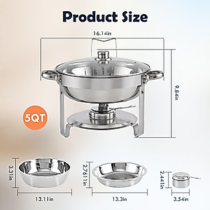 5QT Chafing Dish Buffet Set 4 Packs, Stainless Steel Round Chafers with Glass Viewing Lid & Lid Holder, Buffet Servers and Warmers Set for Dinner, Parties, Wedding, Camping