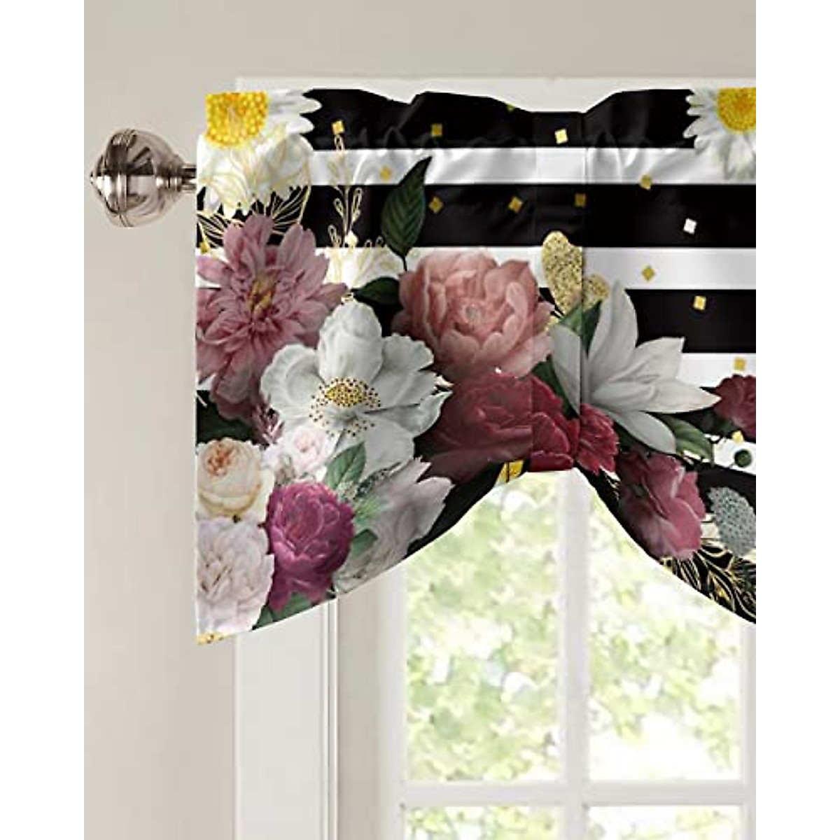 Tie Up Valance Curtains Blooming Flowers Gold Butterfly Gardon Kitchen Cafe Valances for Windows,Rod Pocket Adjustable Balloon Window Shades for Living Room Bathroom Black White Stripe,1 Panel