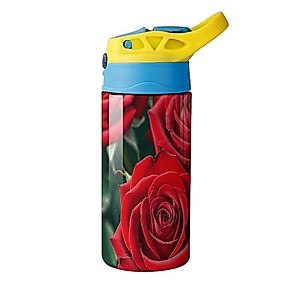 Stainless Steel Water Bottles Many Red Rose Travel Water Cups with Handle And Silicone Straw Drinking Cup with Leak Proof Lid Thermo Travel Mug for Women Men