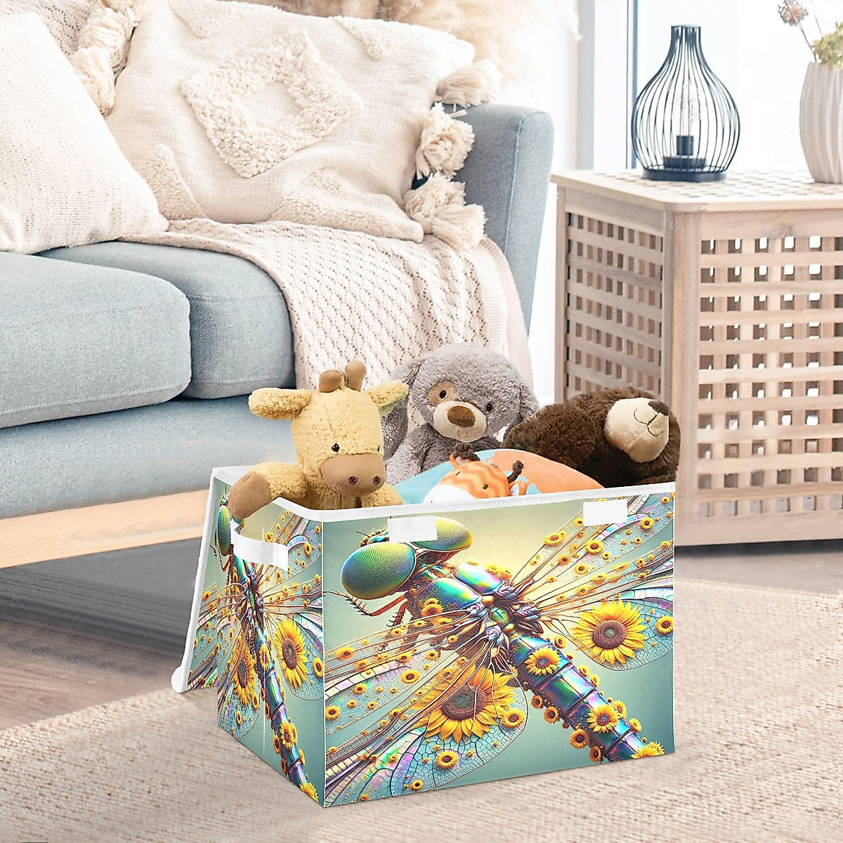 DIGTIA Dragonfly with Sunflower Storage Bins with Lids Spring Summer Foldable Storage Basket with Handles Collapsible Large Fabric Organizer Containers for Clothes Shelves Closet Office Home Bedroom