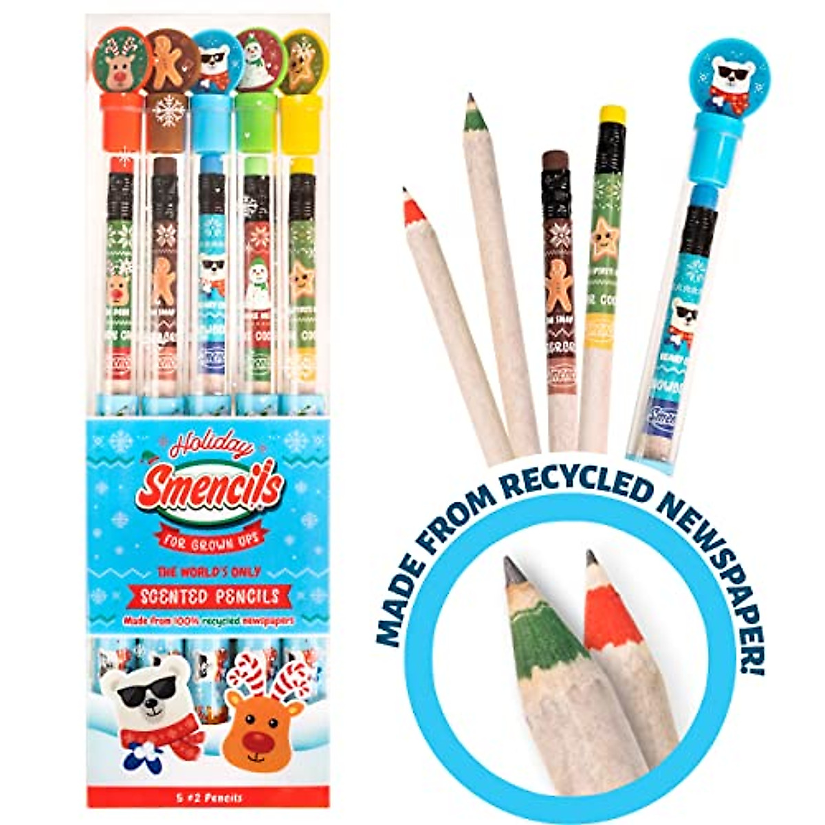 Holiday Smencils for Grown Ups - HB #2 Scented Fun Pencils, 5 Count - Stocking Stuffer, White Elephant Gifts for Adults, Office Supplies, Party Favors