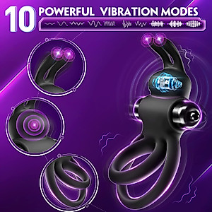 Vibrating Cock Ring Sex Toy - Male Sex Toys for Men Vibrator Double Penis Ring Couples Sex Toys Adult Toys Mens Sex Toys with Rabbit Ears 10 Vibration Modes Adult Sex Toys for Couples Female Women
