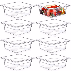 Nuenen 8 Pcs 1/6 Size, 2.6 Inch Deep Food Pan Clear Food Storage Container Polycarbonate Plastic Pan Clear Plastic Cold Pans for Kitchen Restaurant Food Prep, 1 Quart