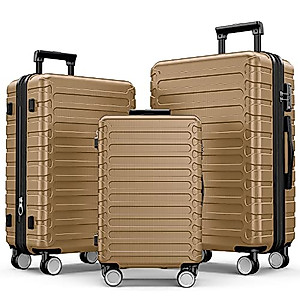 SHOWKOO Luggage Sets Expandable ABS Hardshell 3pcs Clearance Luggage Hardside Lightweight Durable Suitcase sets Spinner Wheels Suitcase with TSA Lock (Gold)