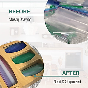 Premium Bamboo Plastic Bag Storage Organizer and Baggie Dispenser ┃ Gallon, Quart, Sandwich, Snack Sizes ┃ Food Bags Holders in Kitchen Drawers, Pantry, or Wall Mount | by ZIRGLIO (4 Slots)