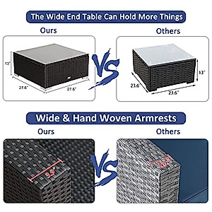 J-SUN-7 7 Pieces Outdoor Patio Furniture Set, All Weather Black PE Rattan Wicker Sofa Set, Sectional Furniture Sofa Couch Set with Dark Blue Cushions and Glass Table for Garden Porch Poolside