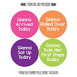 Personalized Baby Girl Monthly Milestone Stickers for First Year | Custom Set of 24 Name Labels for Shower Gift | Bright Colorful