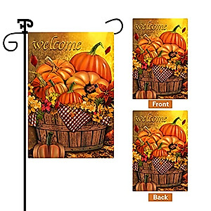 Fall Welcome Thanksgiving Pumpkin Small Garden Flag for Outside 12x18 Inch Vertical Double Sided Leaves Flowers Autumn Burlap Yard Decoration