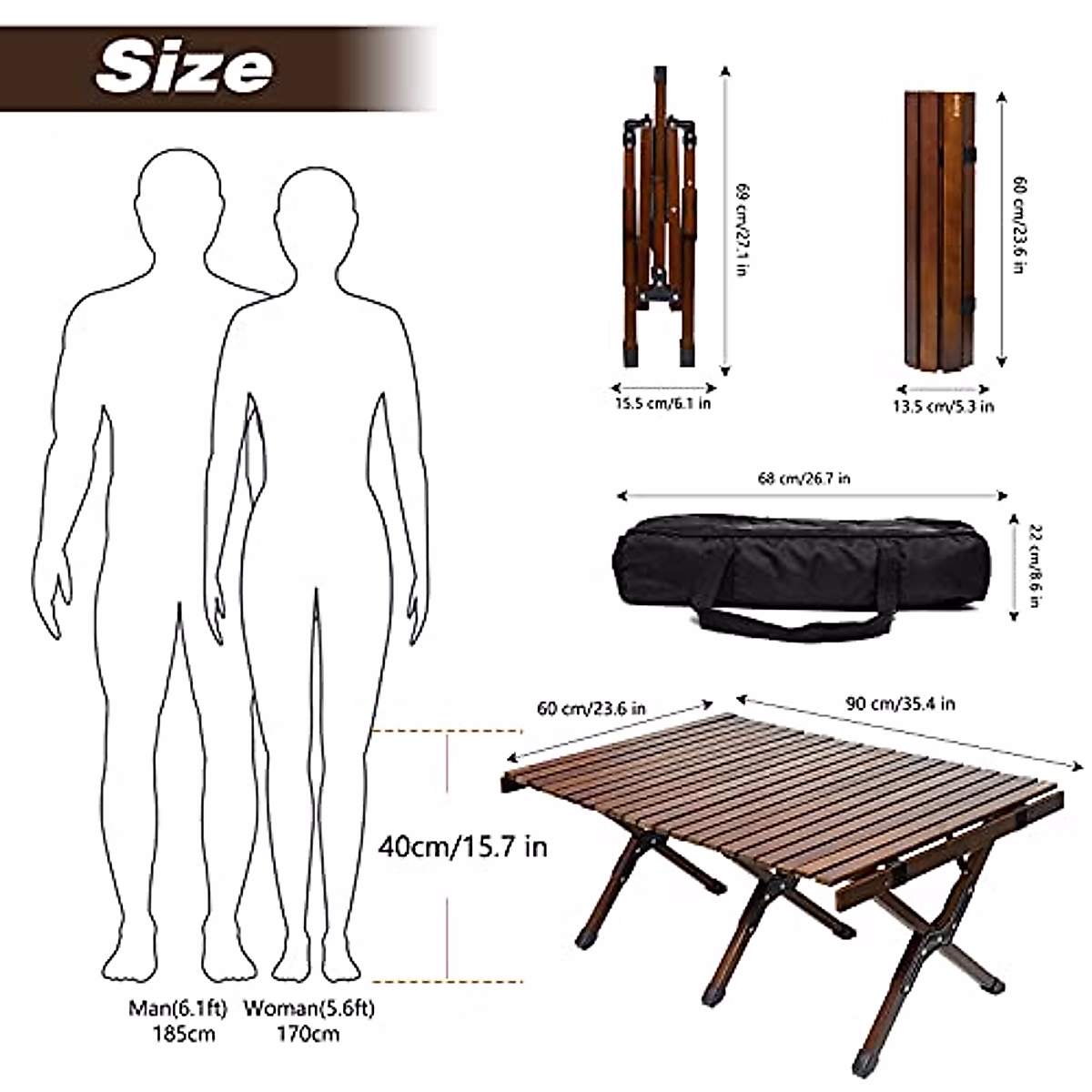 ZUZHII 3ft Low Height Portable Folding Wooden Travel Camping Table for Outdoor/Indoor Picnic, BBQ and Hiking with Carry Bag, Multi-Purpose for Patio, Garden, Backyard, Beach(Large, Walnut Wood)