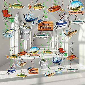 60Pcs Gone Fishing Party Supplies Fishing Birthday Party Decorations Fishing Banner Ceiling Streamers Fish Paper Signs Fishing Party Decorations Fish Hanging Swirl Paper Cutouts for Fishing