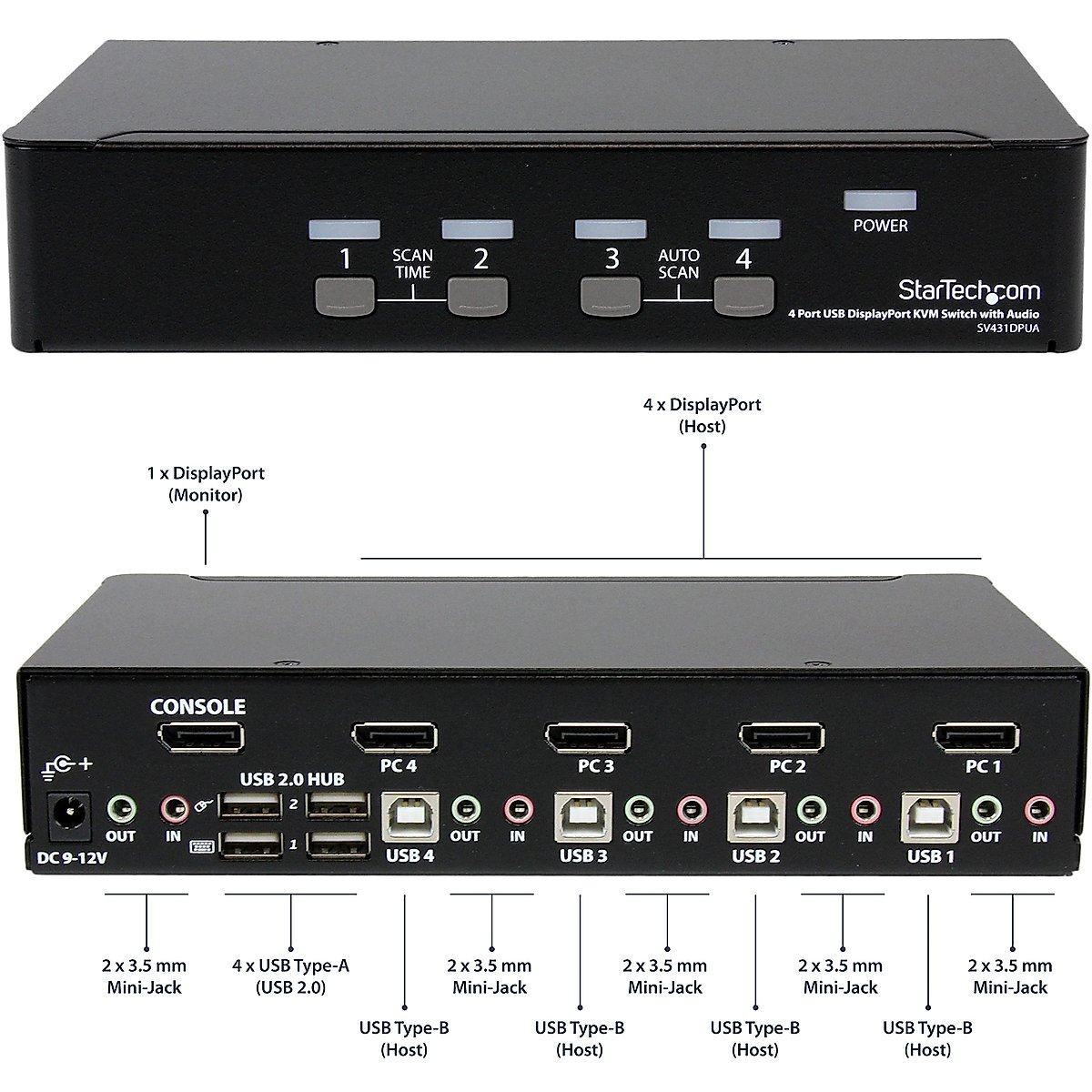 StarTech.com 4 Port DisplayPort KVM Switch - 4K 60Hz - Single Display - Dual Port UHD DP 1.2 USB KVM Switch with Integrated USB 2.0 Hub & Audio - Dell, HP, Apple, Lenovo - TAA Compliant (SV431DPUA2)