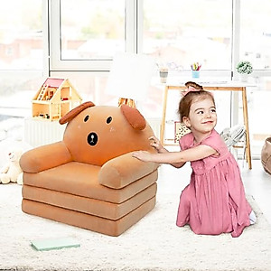 Toddler Chair Kids Sofa - Toddler Sofa Kids Couch Fold Out, 2 in 1 Flip Out Couch and Mini Sofa for Girls and Boys, Baby Couch for 1-4 Year Olds - Cute and Comfy Baby Sofa (Brown Dog)