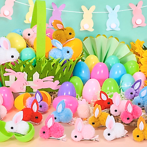 SevenQ Easter Eggs Fillers with Bunny Hair Clips Colorful 24 Pack, Easter Basket Stuffers Party Favors Gift Bags for Kids Cute Stuff Plush Fidget Toys Classroom Treasure Box Egg Hunt Games Supplies