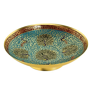 Zap Impex Brass Decorative Dry Fruit Bowl Multipurpose Serving Bowl Carving Work - Size- 7" Beautiful Blue Color Peacock Design Kitchenware Gift
