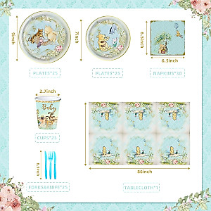 CAILESS Blue Winnie Bear Baby Shower Decorations, 156pcs Classic The Pooh Bear Baby Shower Party Supplies Included Plates Cups Napkins Cutlery Tablecloth Set Serves 25 Guests for Newborn Boy Birthday