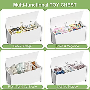 JARKUZ Kids Wooden Toy Box, Wide Toy Storage Organizer, Toy Chest with Safety Hinged Lid for Kids, Children's Furniture Large Trunk for Boys and Girls Ages 3+, White