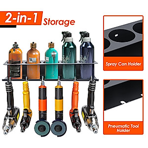 Nisorpa 2 Pack Pneumatic Tool Holder and Aerosol Rack Combo, Wall Mounted Metal Spray Can Bottle Holder Air Tool Organizer Rack for Garages, Workspace and Home, 5 Cans and 6 Slots