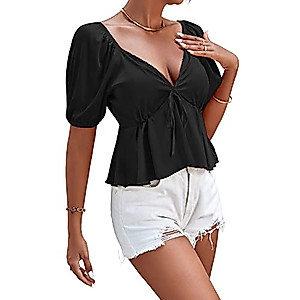 LYANER Women's Satin Deep V Neck Puff Short Sleeve Tie Front Ruffle Hem Blouse Crop Peplum Top Black Medium