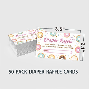 JCVUK Baby Shower Games, 1 Diaper Raffle Standing Sign with 50 Diaper Raffle Tickets,Donut Love Theme Babyshower Party Decorations and Supplies For Boys or Girls(LBLK-B07)